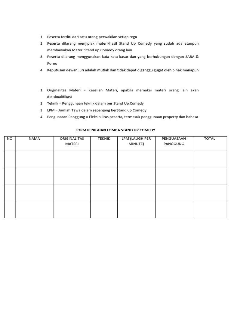 Petunjuk Teknis Dan Pelaksanaan Lomba Stand Up Comedy | PDF