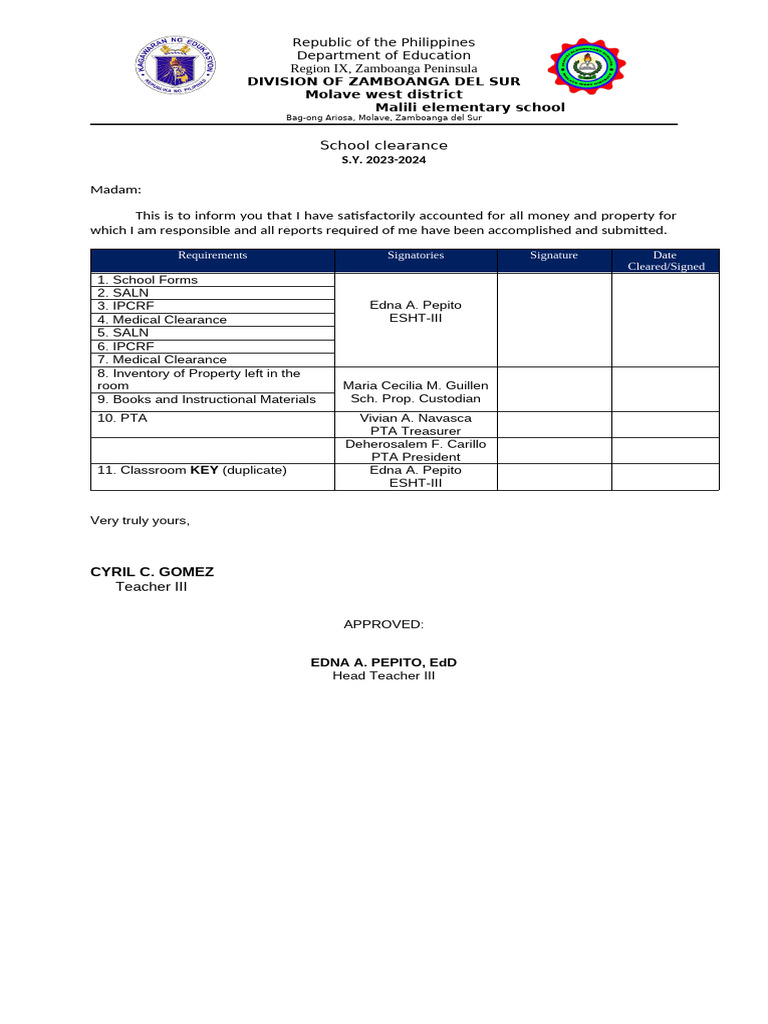 Teacher Clearance Form Sample | PDF