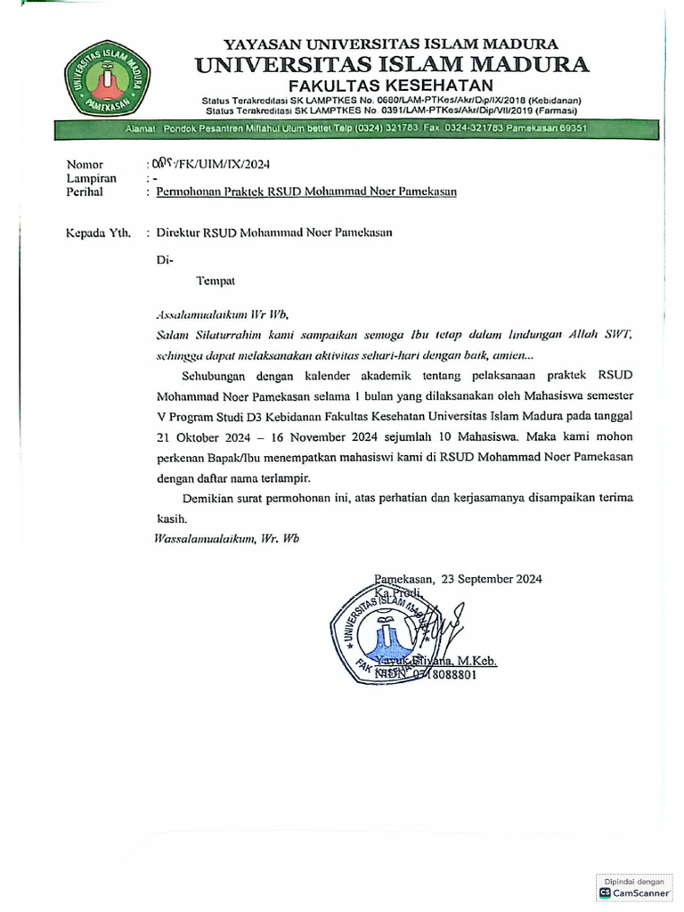 Surat Permohonan Praktek RSUD Mohammad Noer Pamekasan | PDF