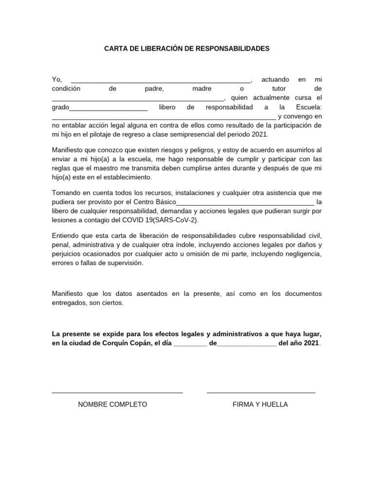 Carta De Liberacion De Responsabilidades Gualme 2021 Pdf