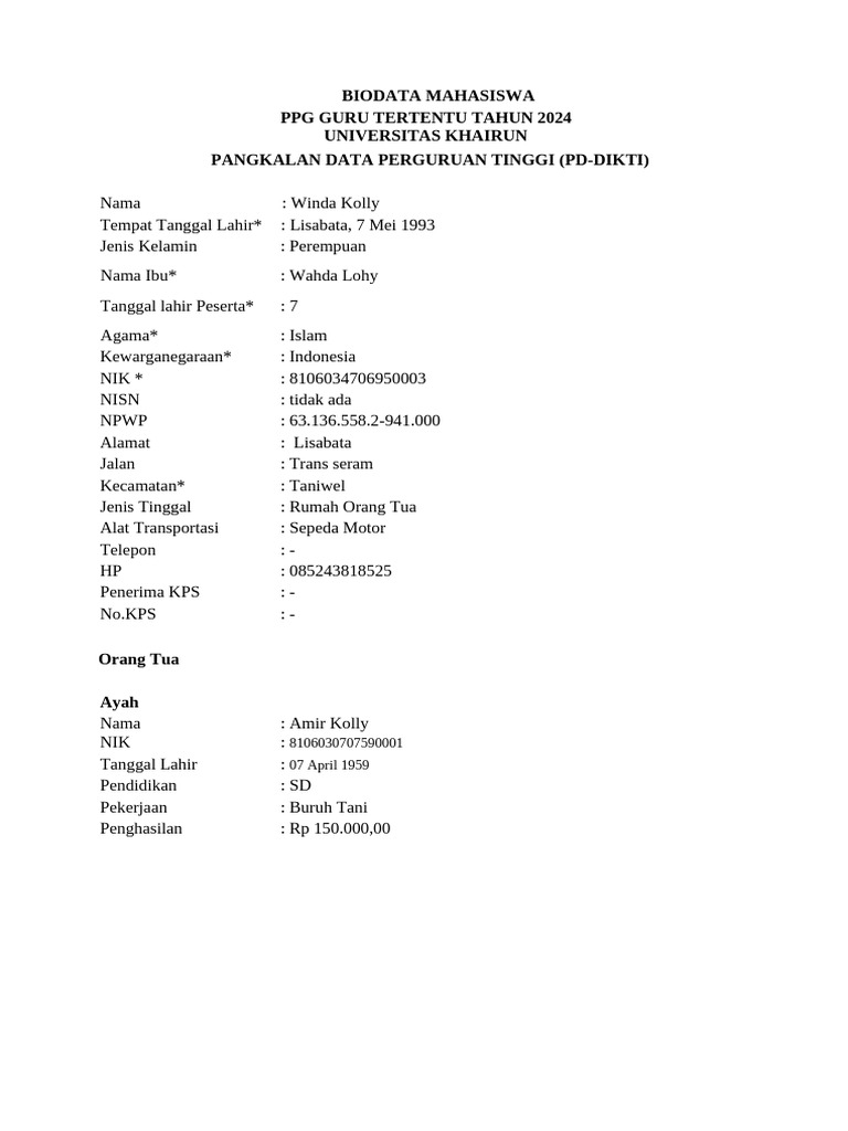 Format Biodata Pddikti Ppg Pdf