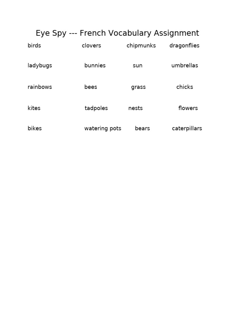 Eye Spy - French Vocabulary Assignment | PDF