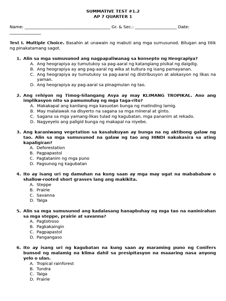 AP 7 - Summative Test Matatag - Q1 - W2 | PDF