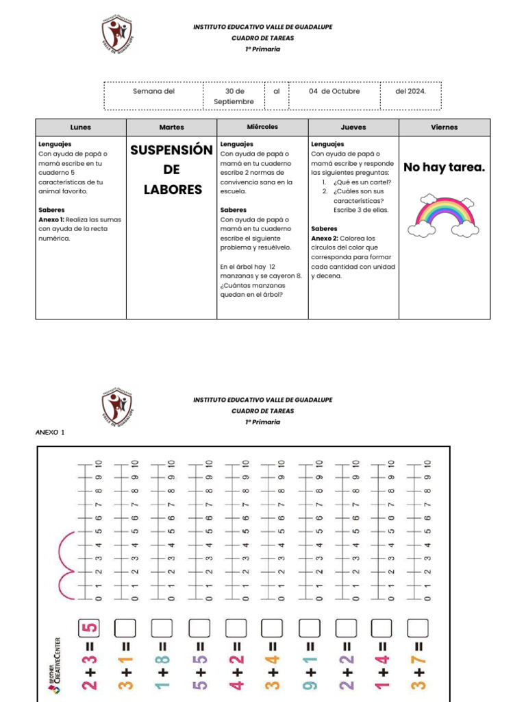 Cuadro de Tareas 1° Primaria | PDF