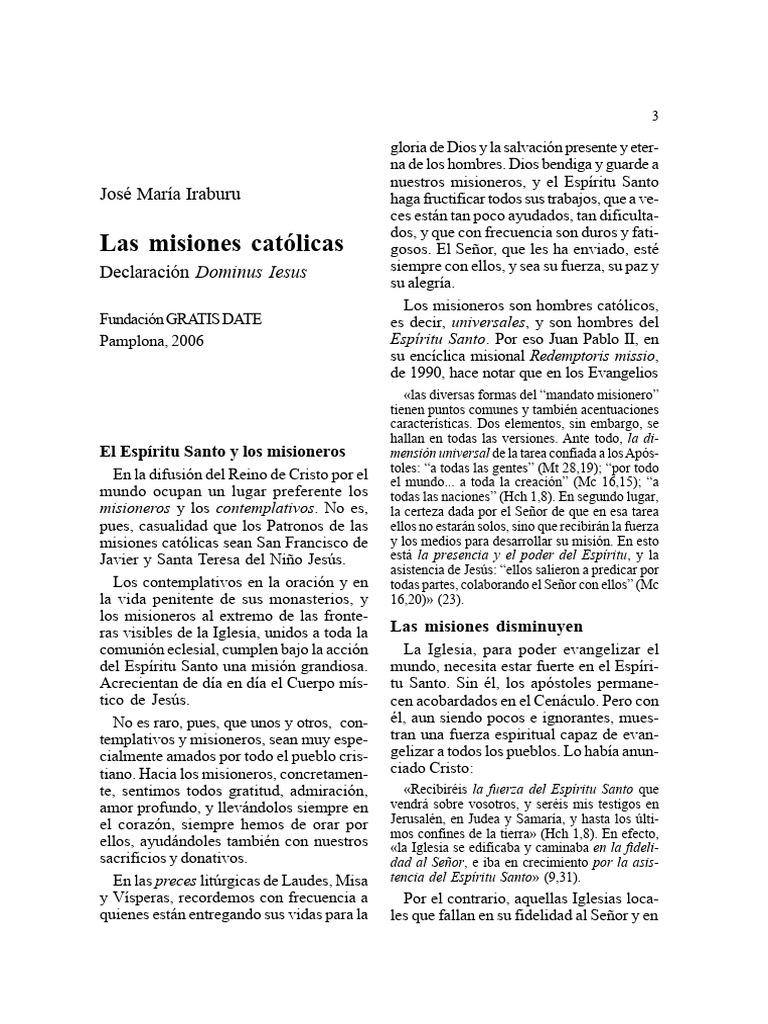 Las Misiones Católicas. Declaración Dominus Iesus - J. M. Iraburu | PDF