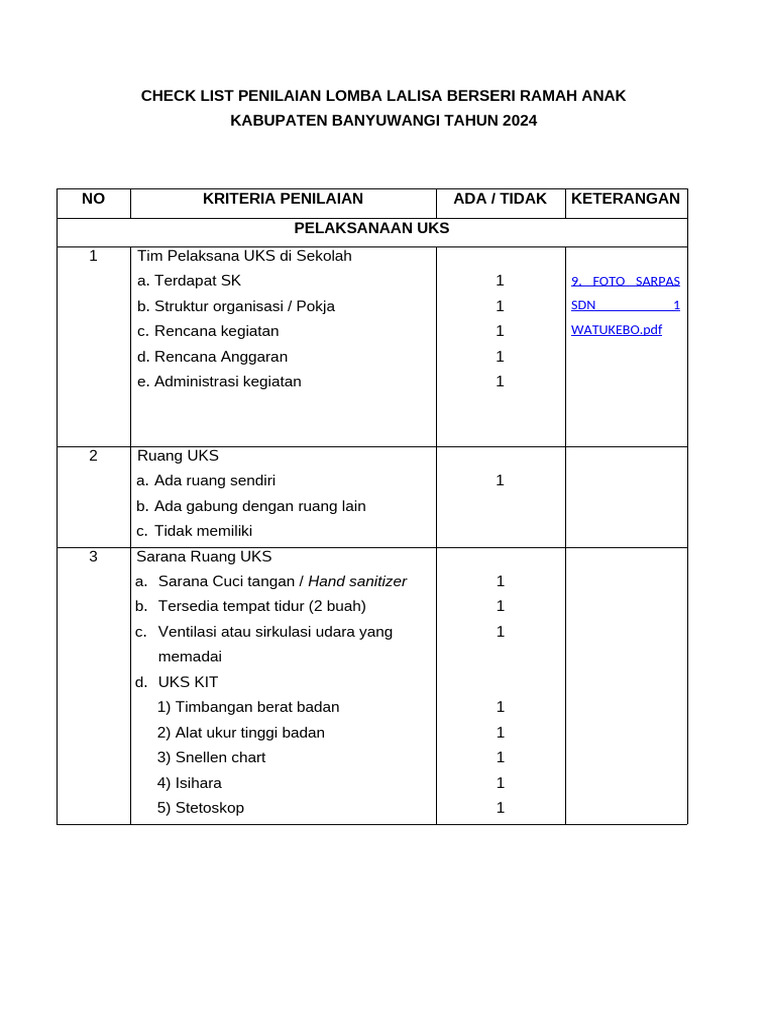 Check List Lomba Lalisa Berseri Ramah Anak | PDF
