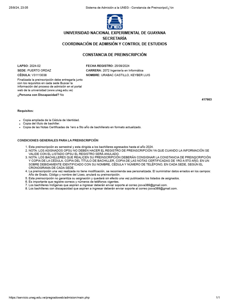 Sistema de Admisión a la UNEG | PDF