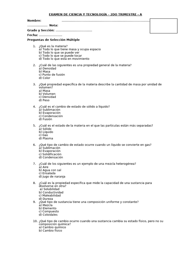 EXAMEN DE CIENCIA Y TECNOLOGÍA 3ro de sec | PDF
