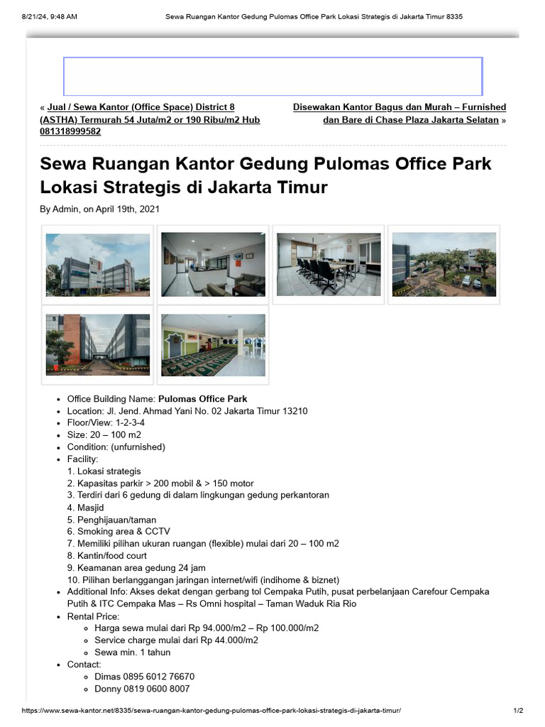 Sewa Ruangan Kantor Gedung Pulomas Office Park Lokasi Strategis Di ...