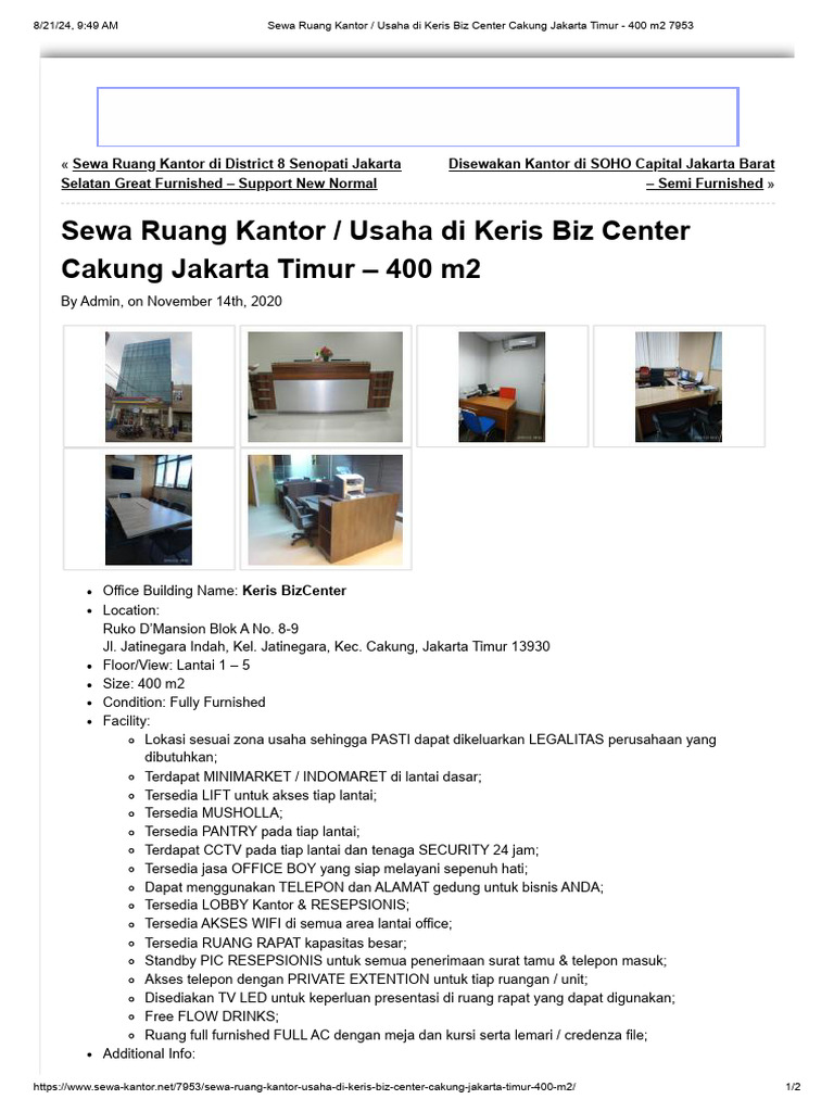 Sewa Ruang Kantor - Usaha Di Keris Biz Center Cakung Jakarta Timur - 400 m2 7953 | PDF