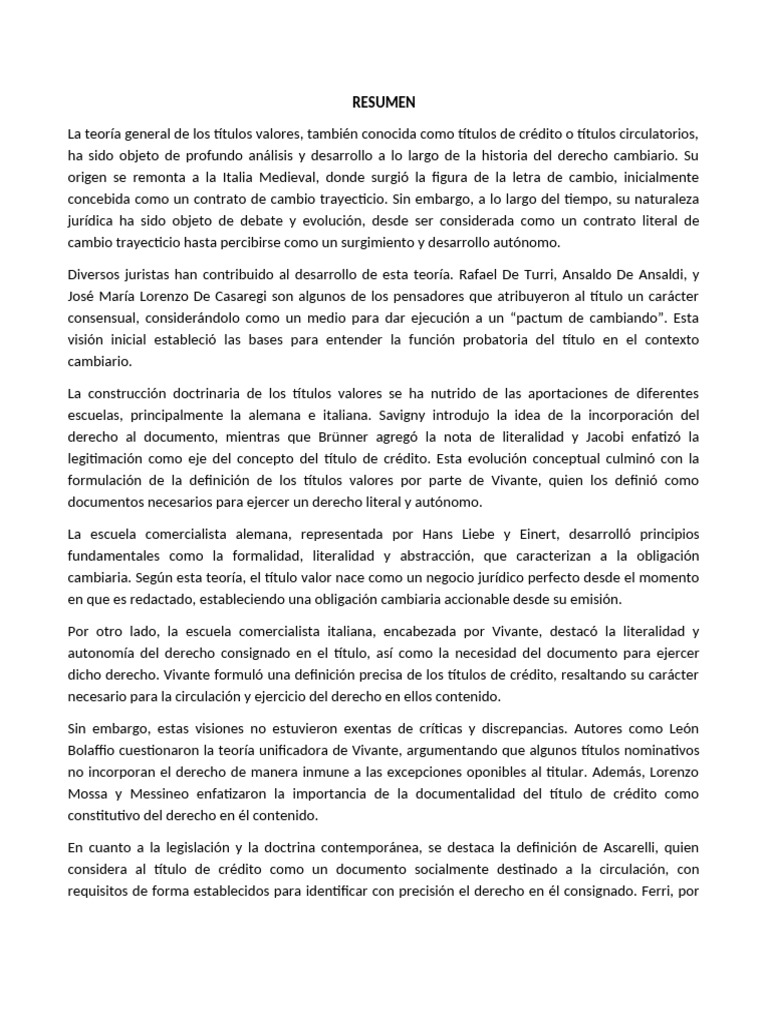 RESUMEN-ANALISIS CRITICO-La Teoría General de Los Títulos Valores | PDF