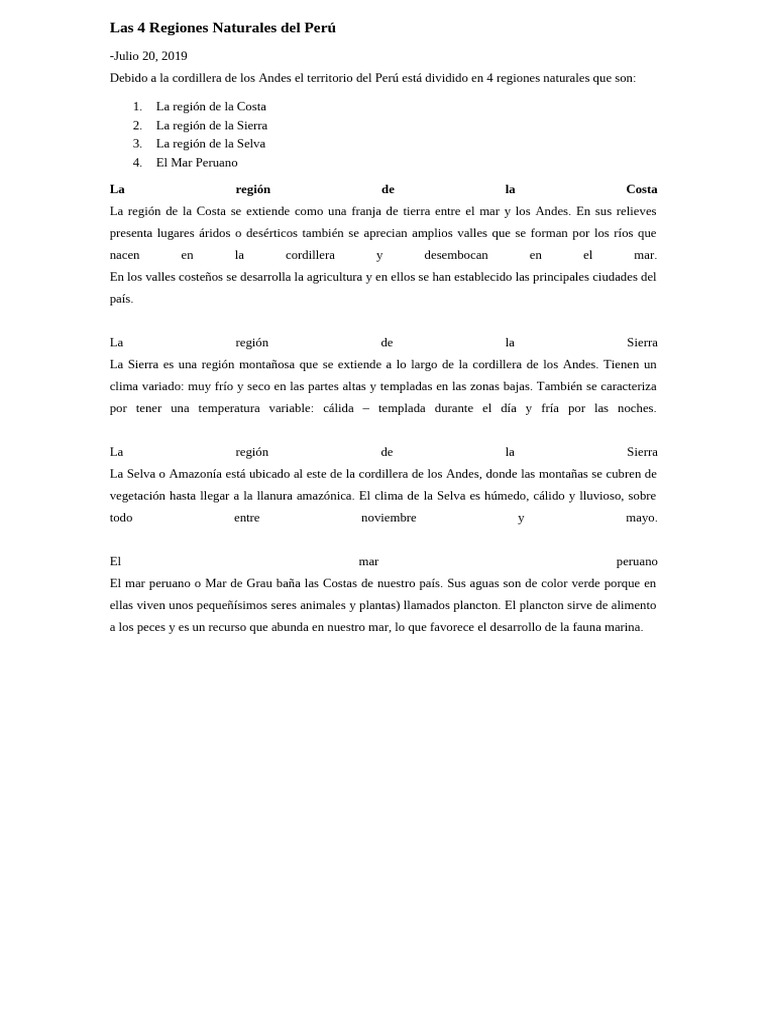 FICHA Las 4 Regiones Naturales Del Perú | PDF