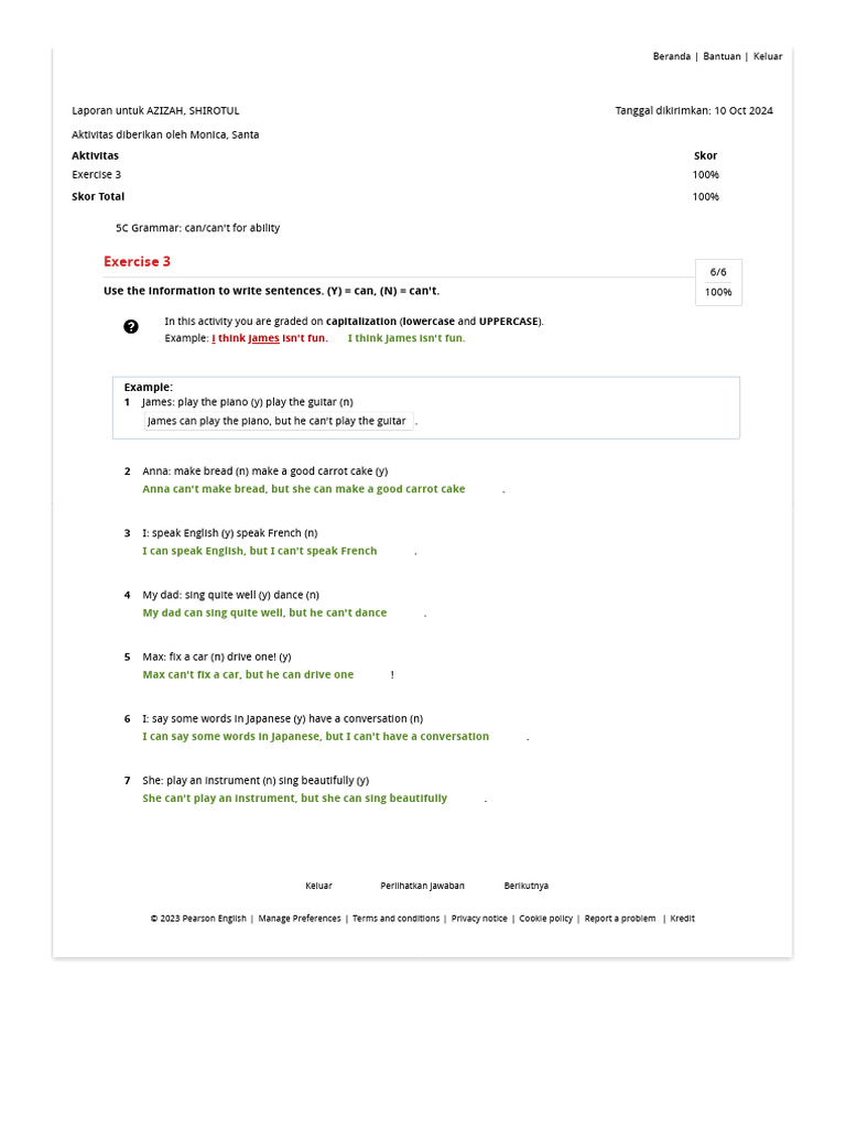 Exercise 3 - Mode - Laporan - Unit 5 - 5C Grammar - Can - Can't For Ability - ANSWER | PDF