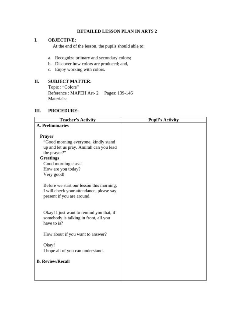Detailed Lesson Plan in Arts Grade 2 | PDF | Color | Language Arts ...