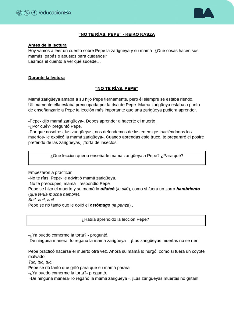 Guía de Lectura - No Te Rías Pepe - Keiko Kasza | PDF