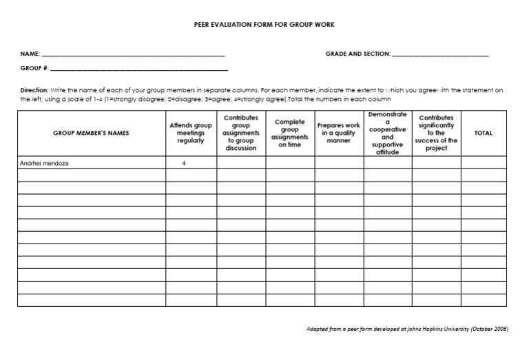 Peer Evaluation Form for Group Work | PDF