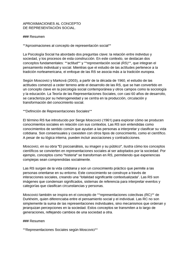Resumen APROXIMACIONES AL CONCEPTO DE REPRESENTACIÓN SOCIAL. | PDF