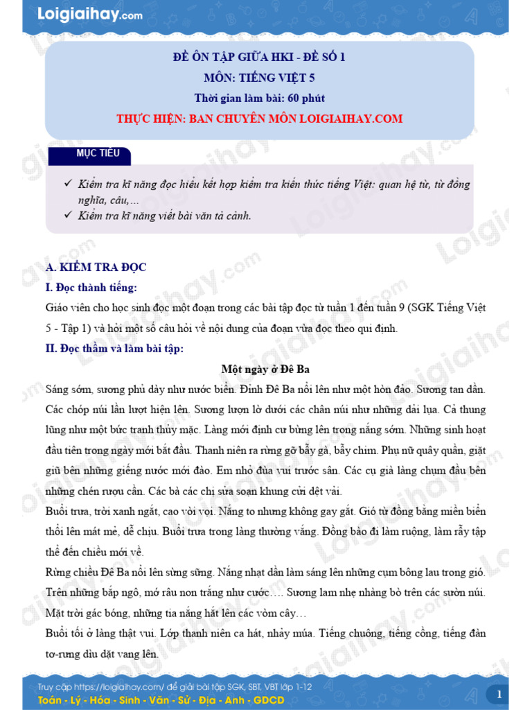 De So 1 de Kiem Tra Giua Hoc Ki 1 de Thi Giua Hoc Ki 1 Tieng Viet 5 1697189421 | PDF