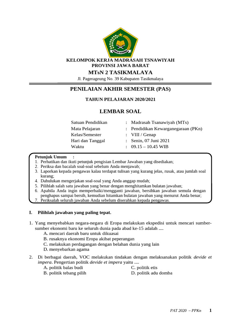 Soal Pat PKN 2020-2021 | PDF