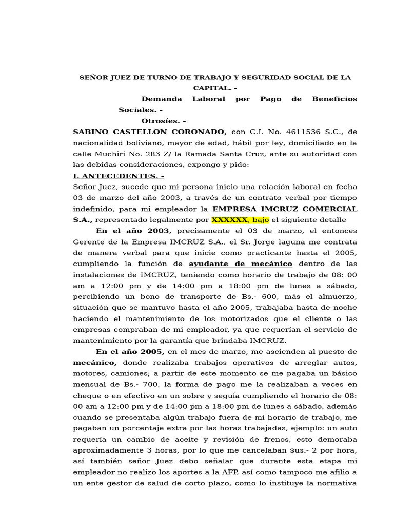 Demanda Laboral de Reintegro de Beneficios Sociales | PDF