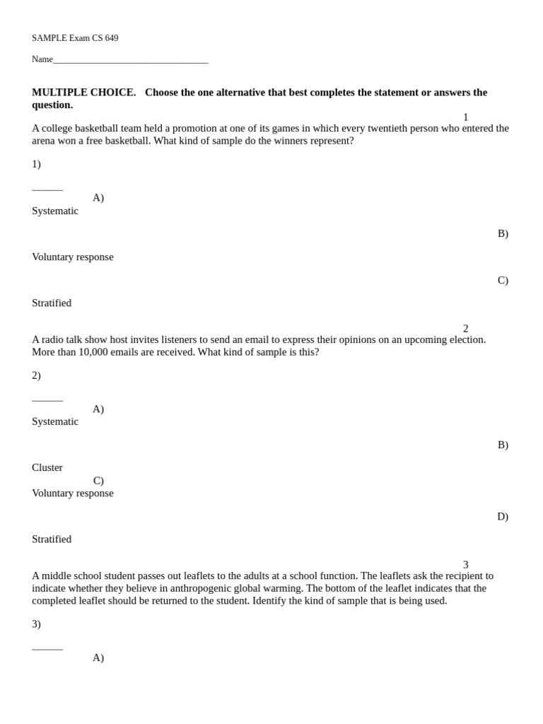 649 Sample Test | PDF | Sampling (Statistics) | Experiment