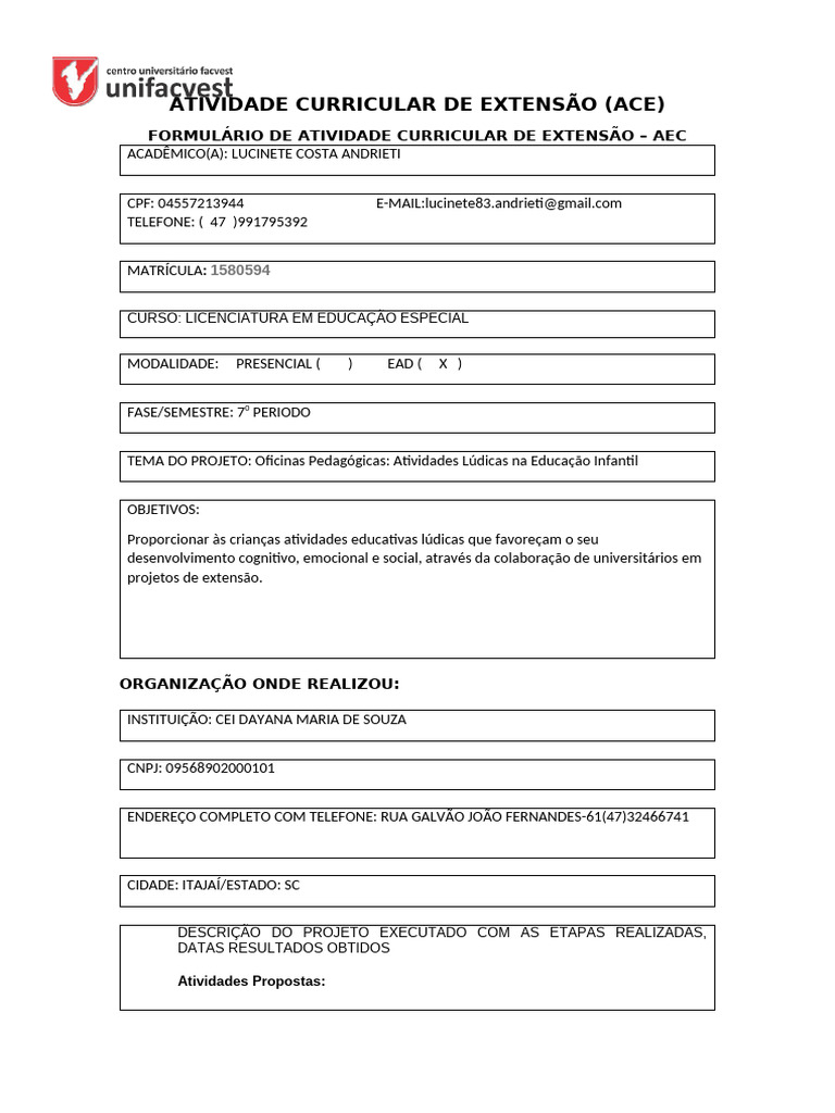 FORMULÁRIO - ATIVIDADE CURRICULAR DE EXTENSÃO (1) (1) | PDF