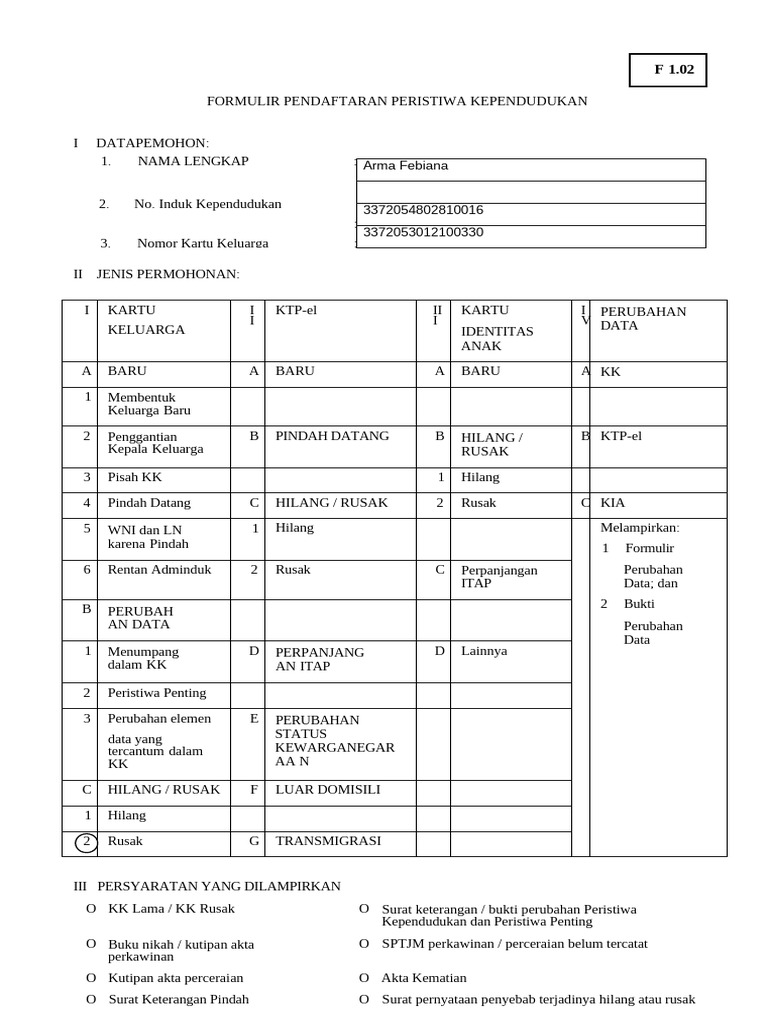 2956-f-1 02 Formulir Pendaftaran Peristiwa Kependudukan | PDF