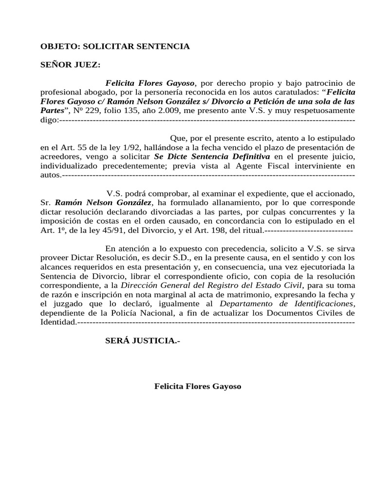 Solicitar Sentencia Divorcio | PDF