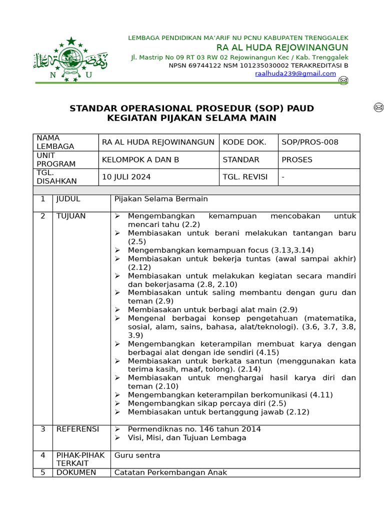 2024 8 Sop Paud Kegiatan Pijakan Selama Main | PDF | Career & Growth | Art