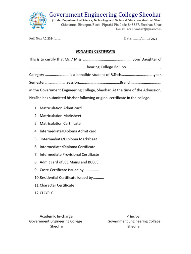 Bonafide Certificate Format-1 | PDF