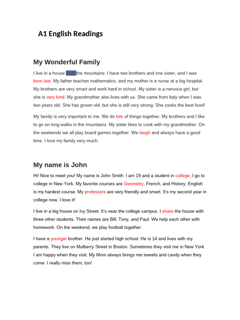 A1 English Readings | PDF