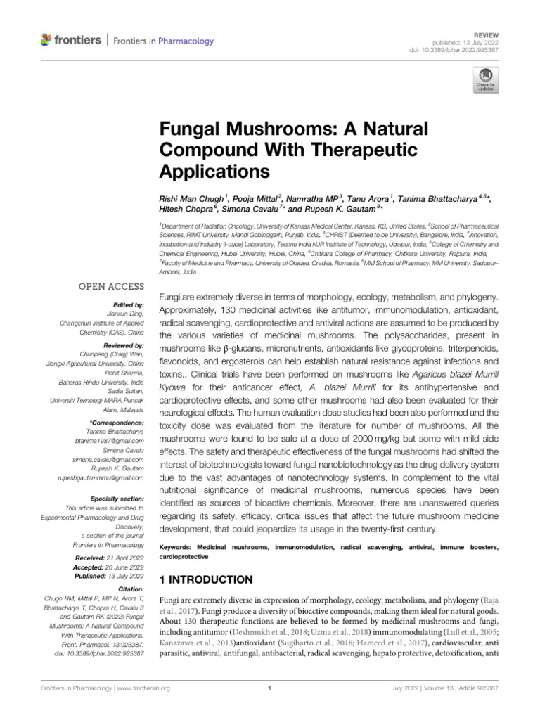 Mushrooms and Compounds Therapeutic Applications Review - Chug Et Al - 2022 - Front Pharmacol | PDF