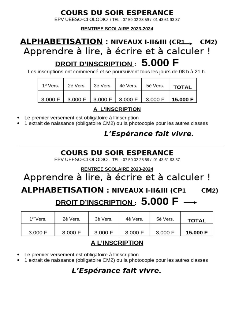 Fiche de Renseignements Alphabétisation | PDF