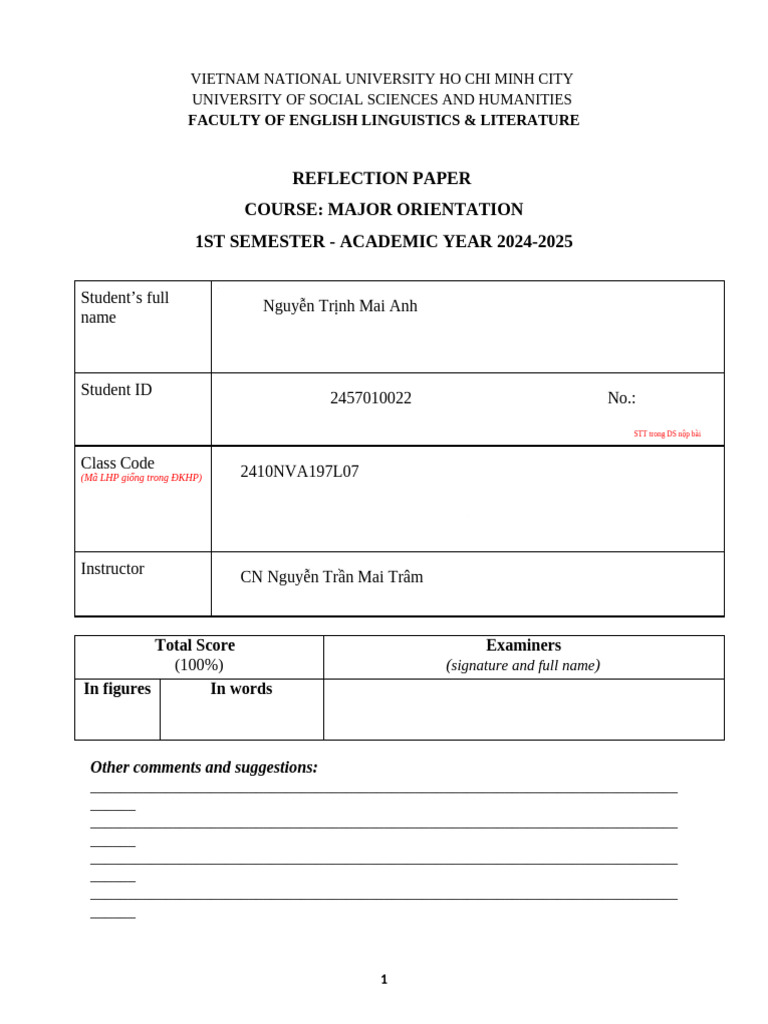 Reflection Paper Course: Major Orientation 1St Semester - Academic Year ...