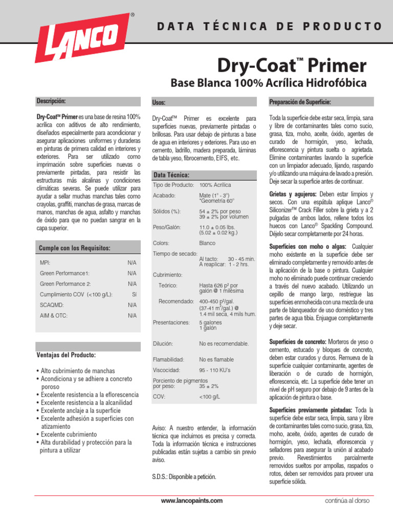 Dry Coat Primer TDS ESP | PDF | Pintar | Materiales
