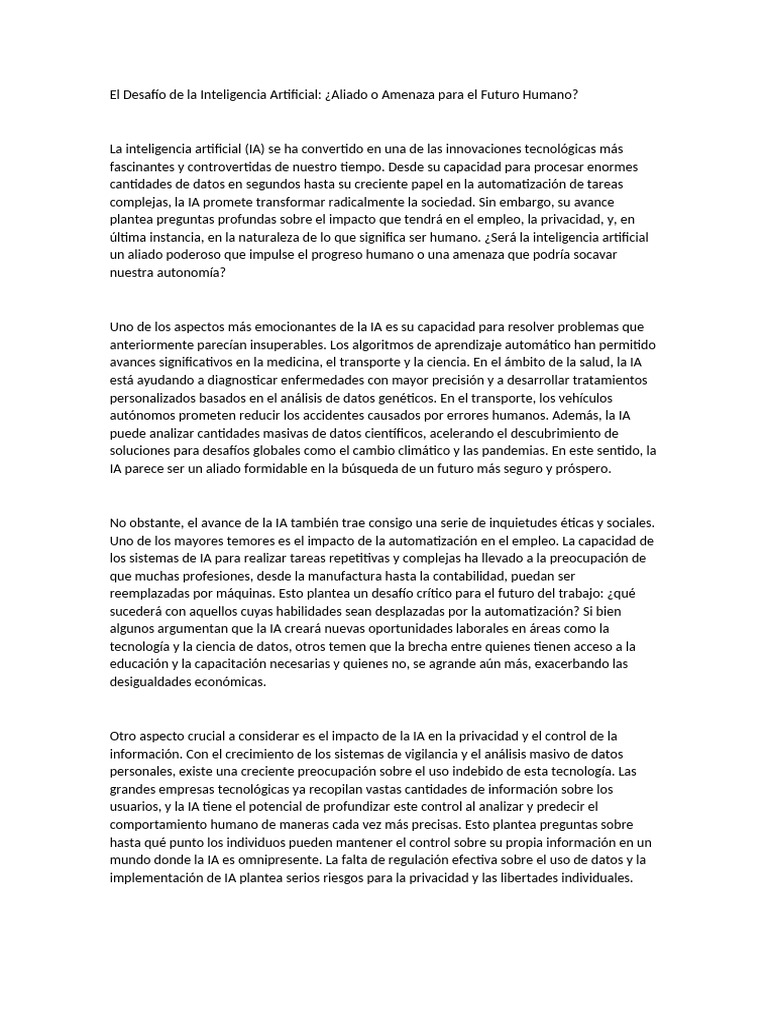 Ensayo El Desafío de La Inteligencia Artificial | PDF