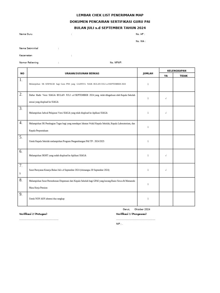 Checklist Sertifikasi Guru PAI | PDF