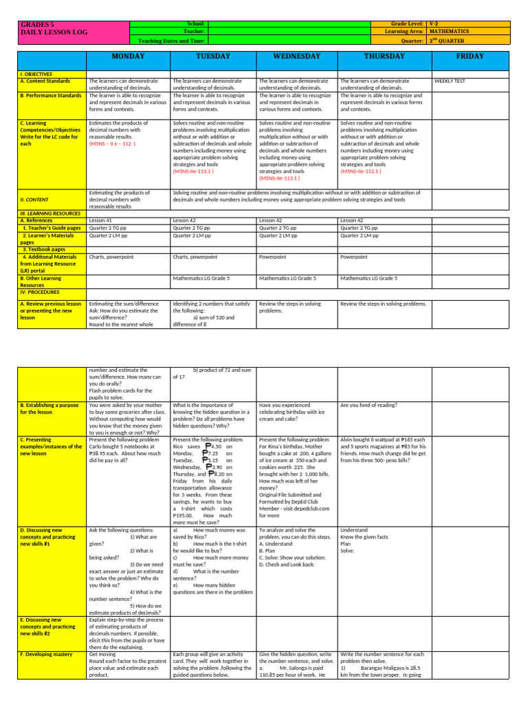 DLL Mathematics 5 q2 w5 | PDF