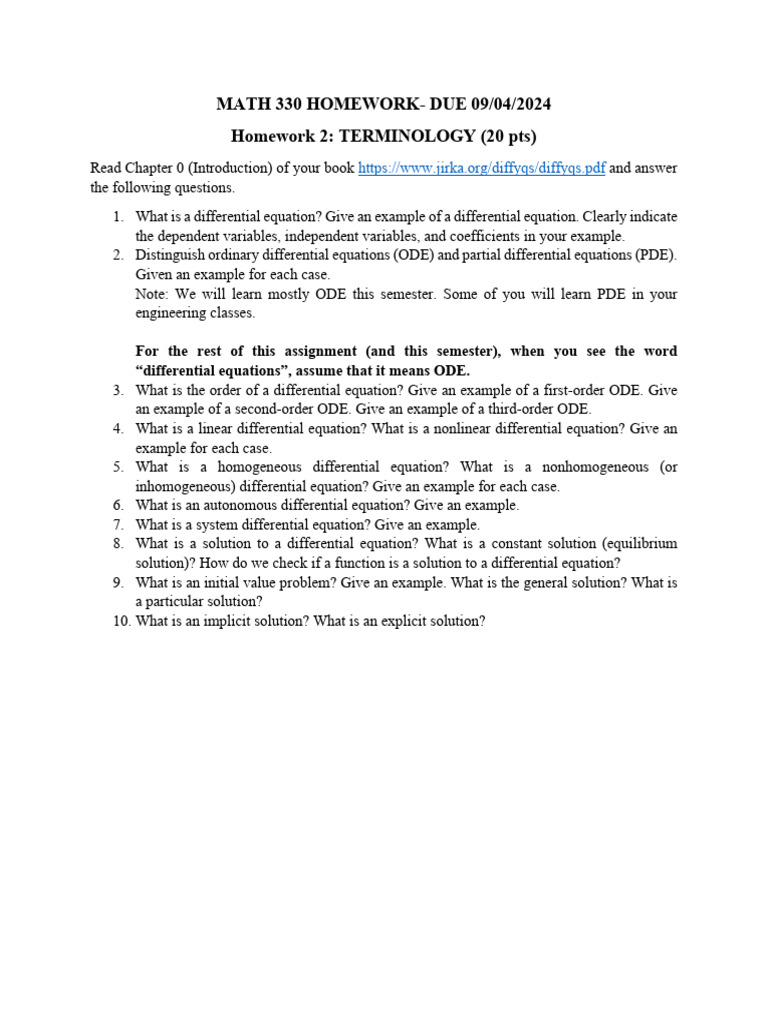 MATH 330 HOMEWORK-DUE 09/04/2024 Homework 2: TERMINOLOGY (20 PTS) | PDF