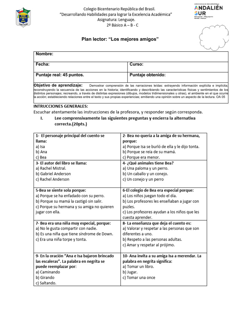 Plan Lector - Los Mejores Amigos | PDF