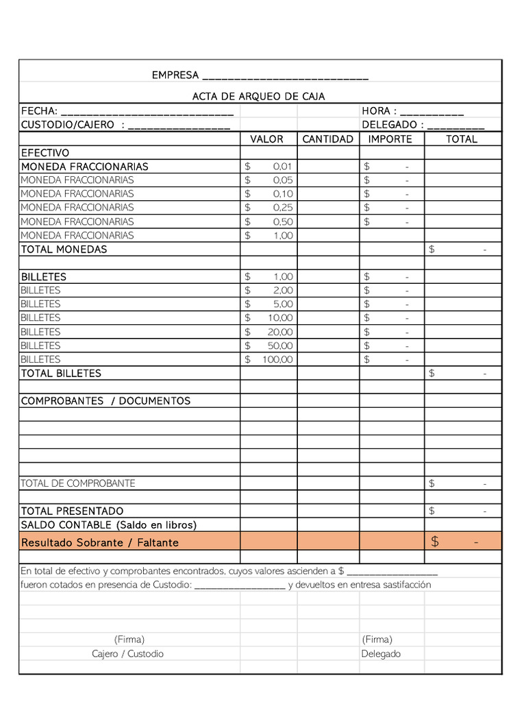 FORMATO DE ARQUEO DE CAJA | PDF