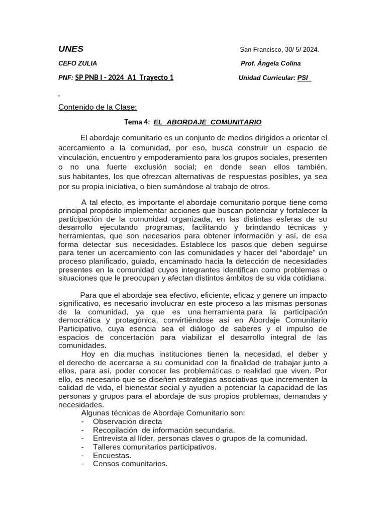 SP PNB I-2024 Tema 4 Abordaje Comunitario-1 | PDF