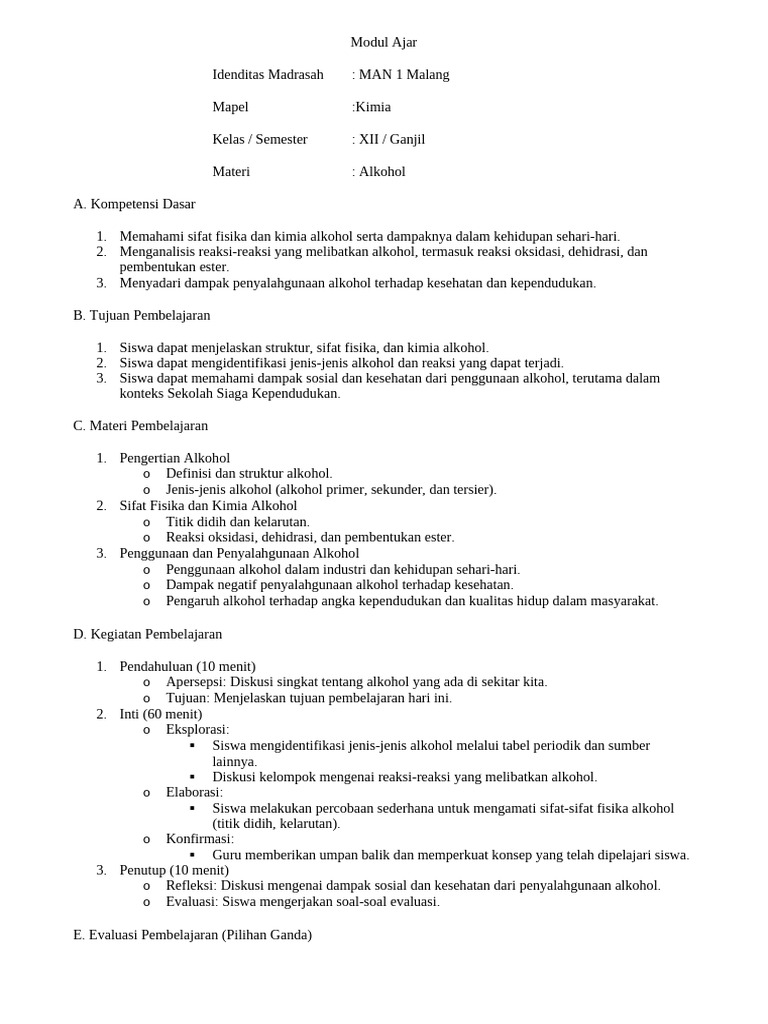 Modul Ajar Kimia Alkhol SSK | PDF