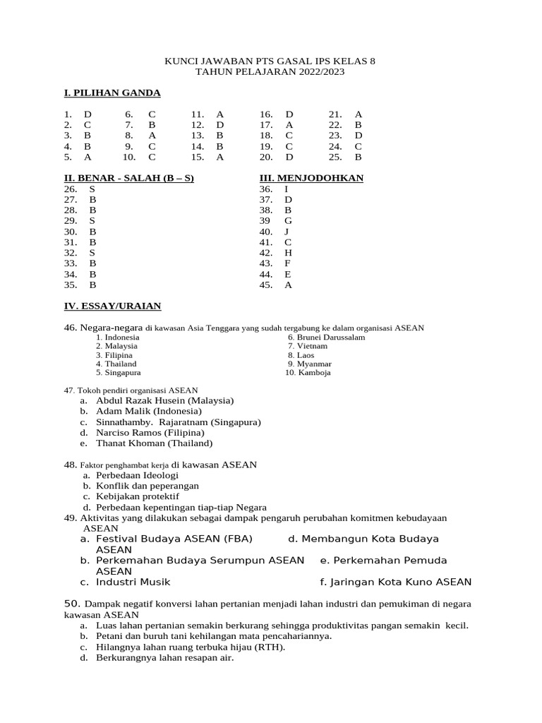 Kunci Utama Ips Jawaban PTS Gasal Kelas 8 | PDF
