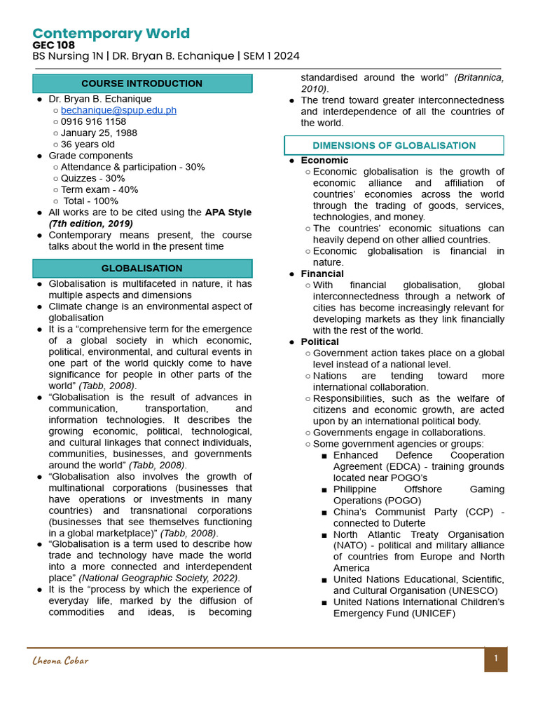 contemporary world notes (bsn) (sept 23) | PDF