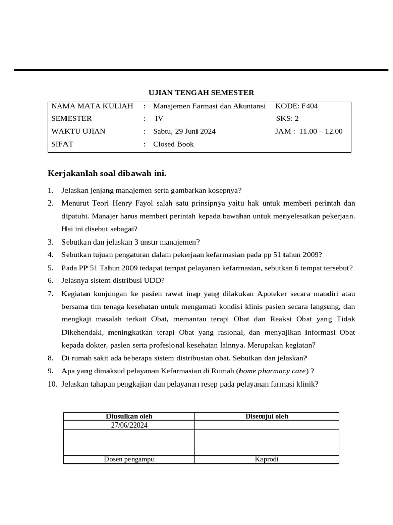 Soal Uts Manajemen Farmasi Dan Akuntansi Ta 2023-2024 F | PDF