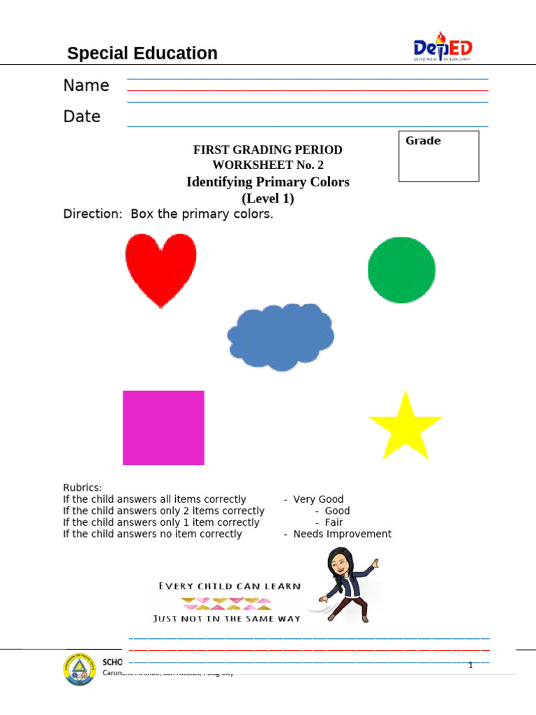 SPED Qtr 1 Worksheet No. 2 Primary Colors | PDF