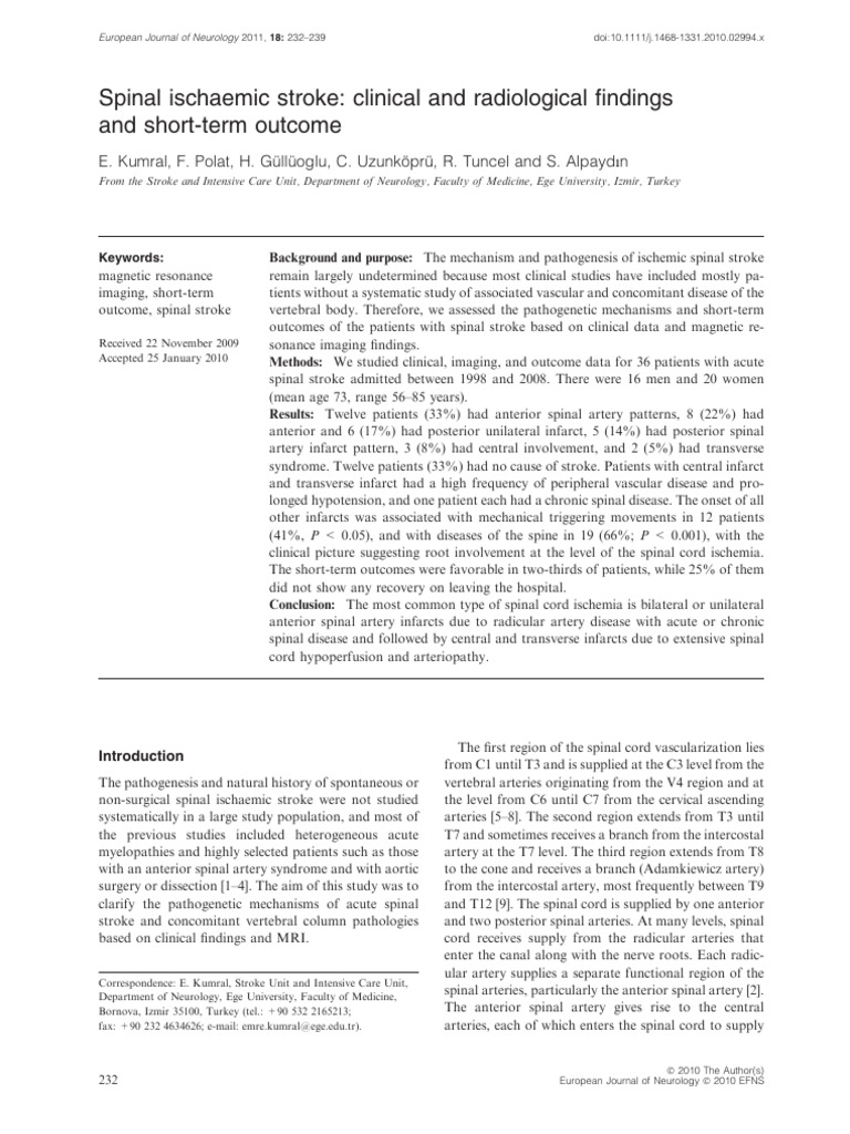 Spinal Ischaemic Stroke: Clinical and Radiological Findings and Short ...