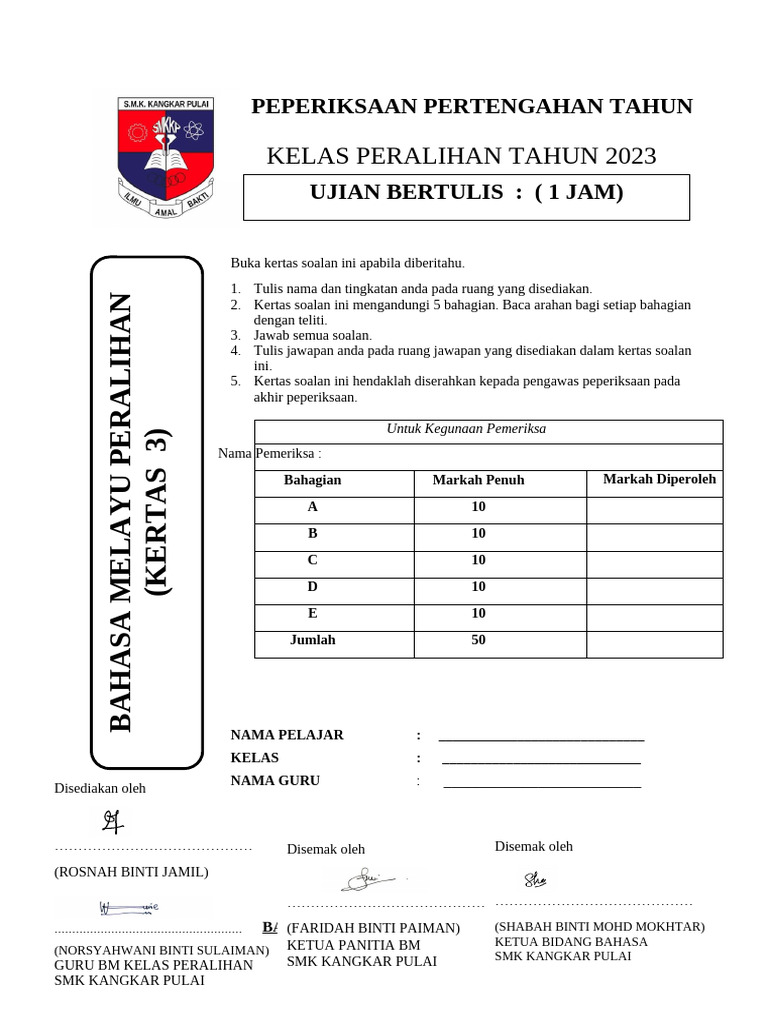 Skema Jawapan Soalan PPT BM 3 Kelas Peralihan 2023 | PDF