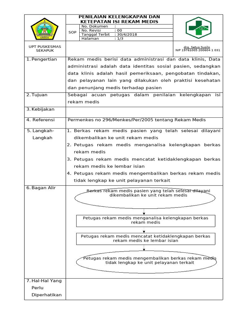 Sop Penilaian Kelengkapan Dan Ketepatan Isi Rekam Medis | PDF